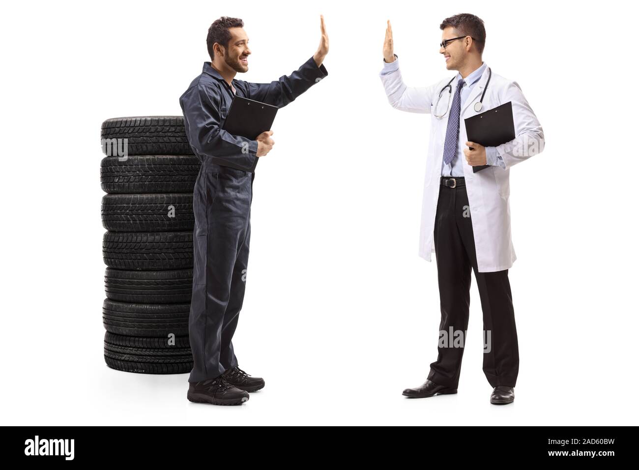 Full length profile shot of an auto mechanic explaining and a doctor ...