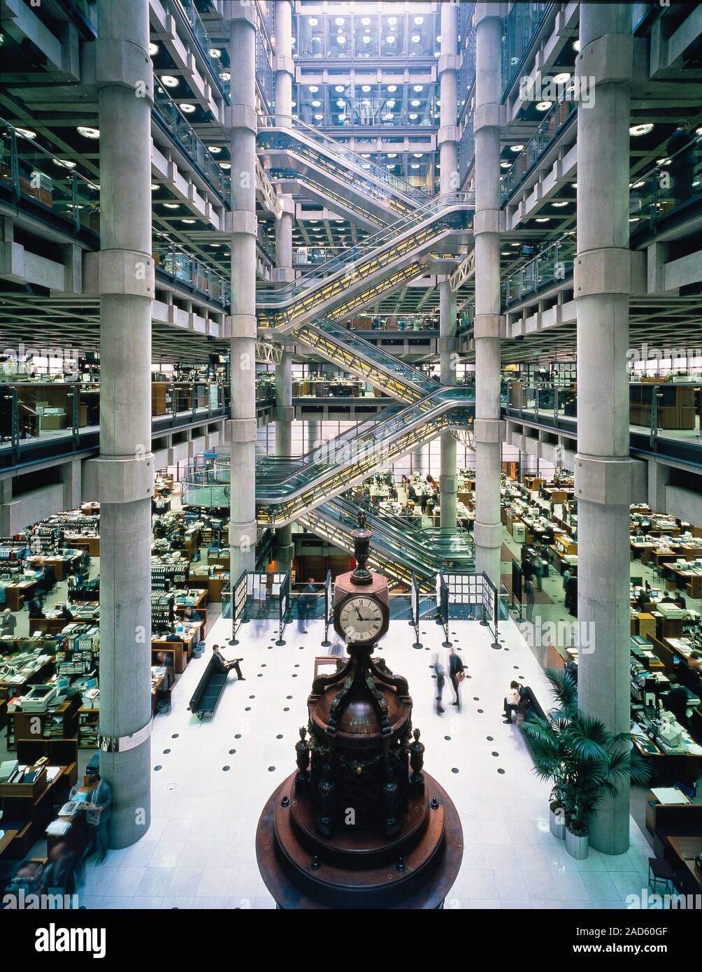 Interior of Lloyd's building, London, UK. View of the ground floor ...