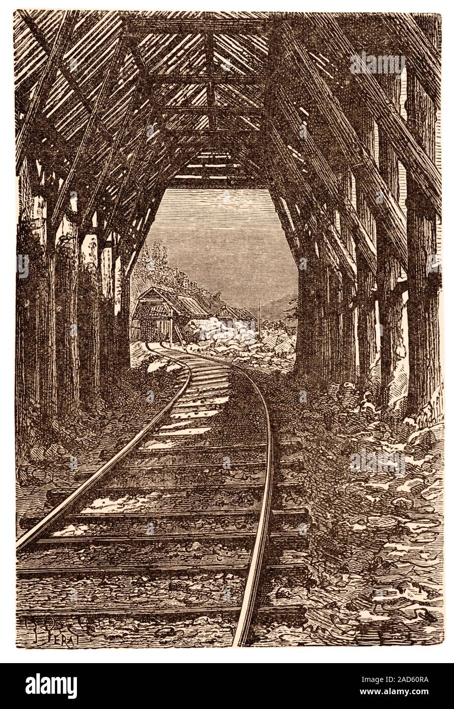 A snowsheds built on the US pacific railroad through the Sierra Nevada ...