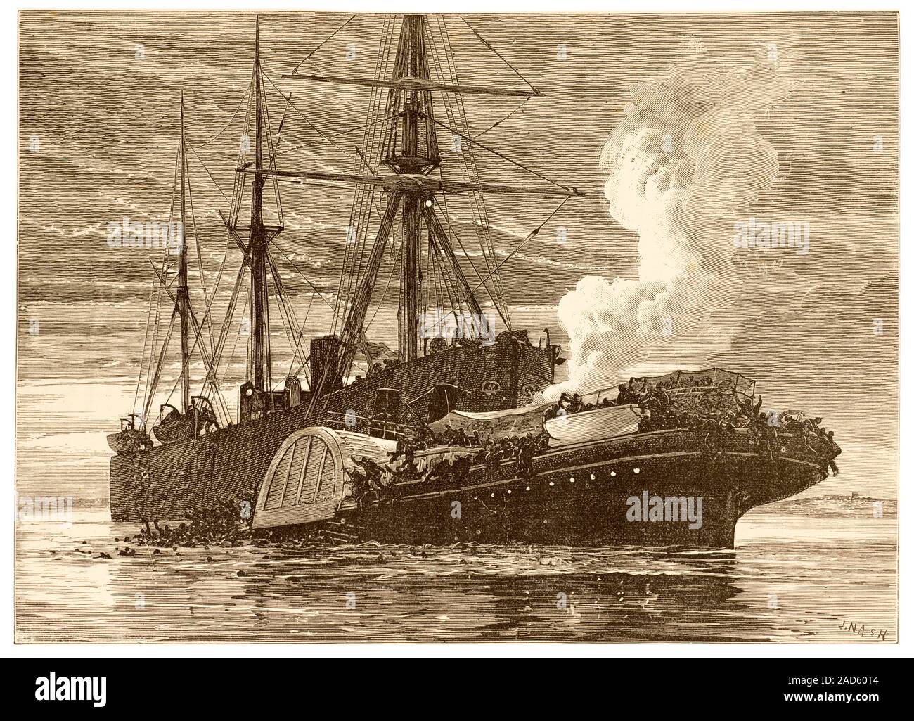 Collision at sea between the steam collier 'Bywell Castle' and the ...