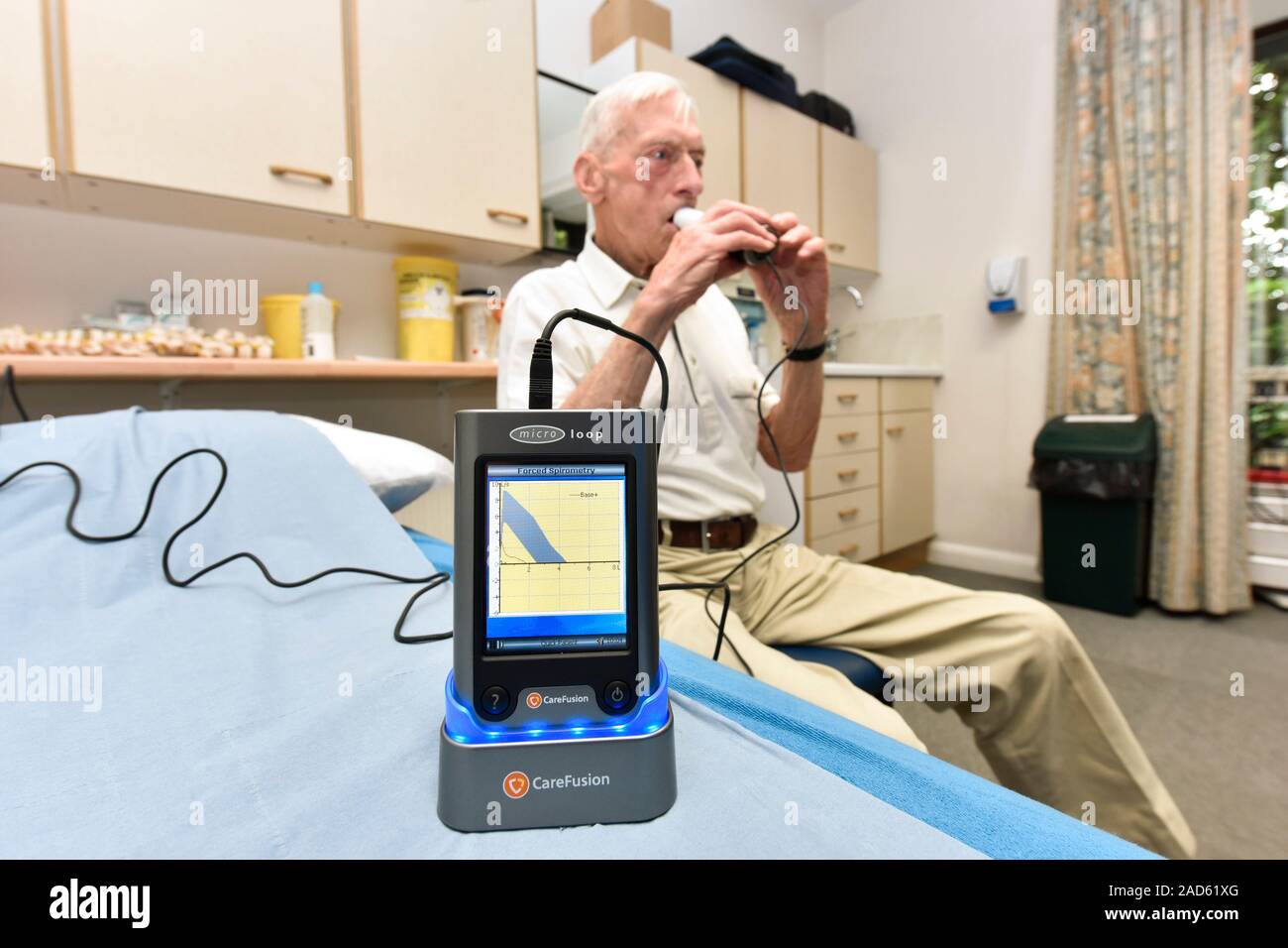 Lung function testing. Patient undergoing a type of test known as ...