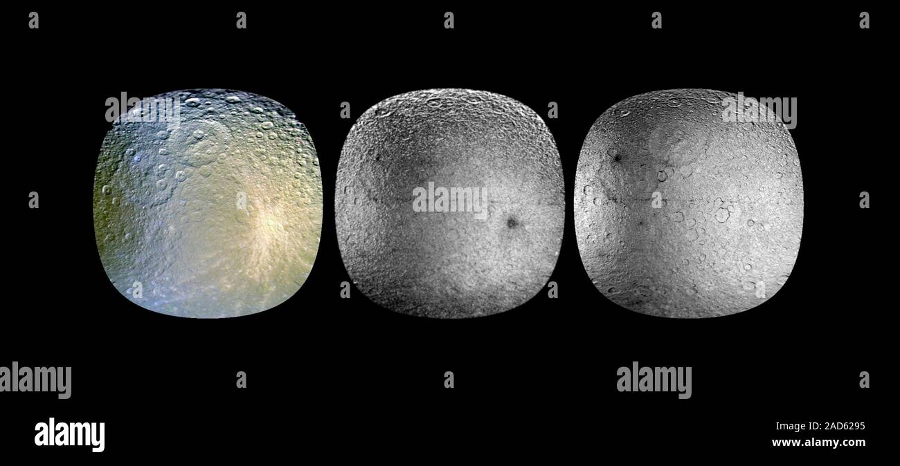 Cassini spacecraft images of Saturn's moon Rhea. Rhea is Saturns second ...