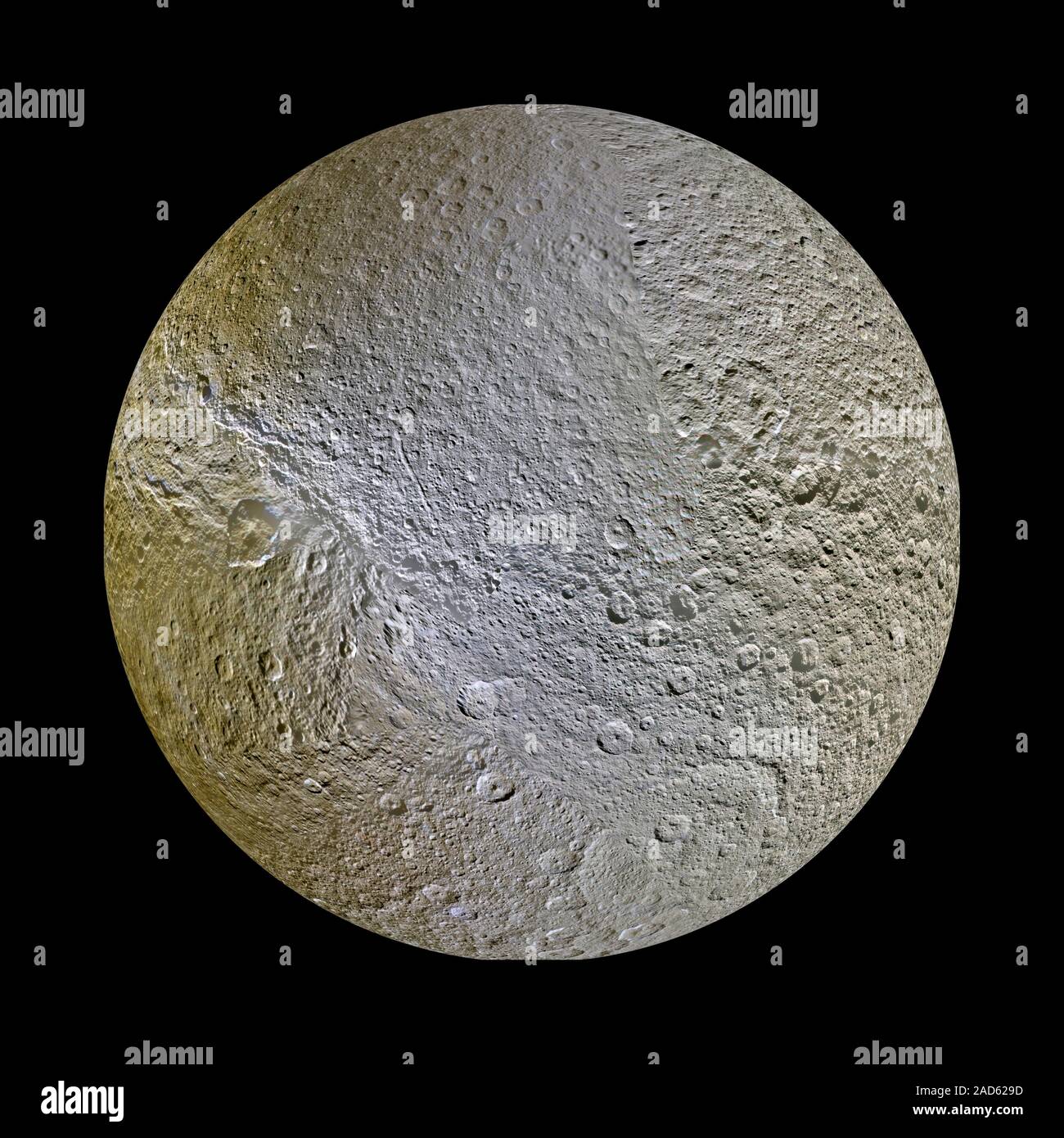 Cassini spacecraft image of Saturn's moon Rhea. Rhea is Saturns second ...