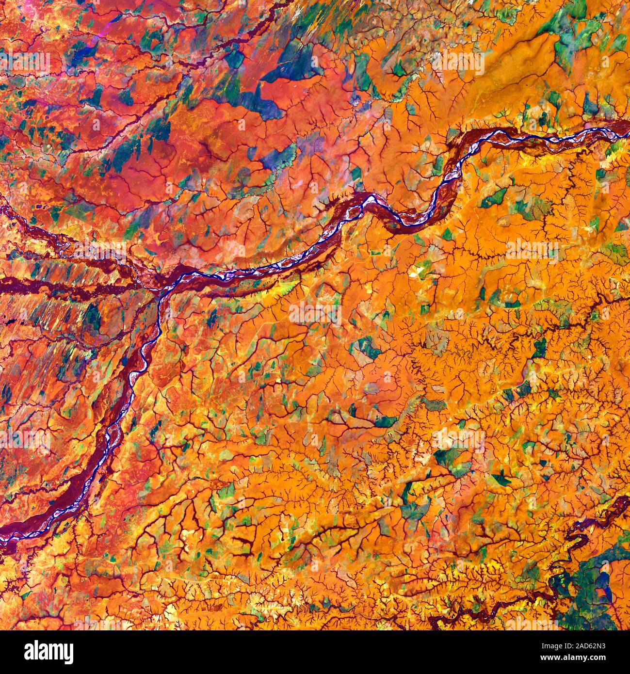 Meta River and tropical grasslands, satellite image. This area marks ...