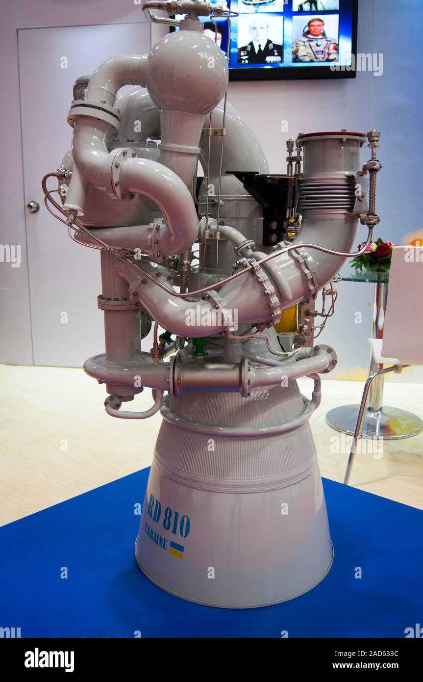 A Ukrainian single chamber RD-810 rocket engine on display at the trade ...