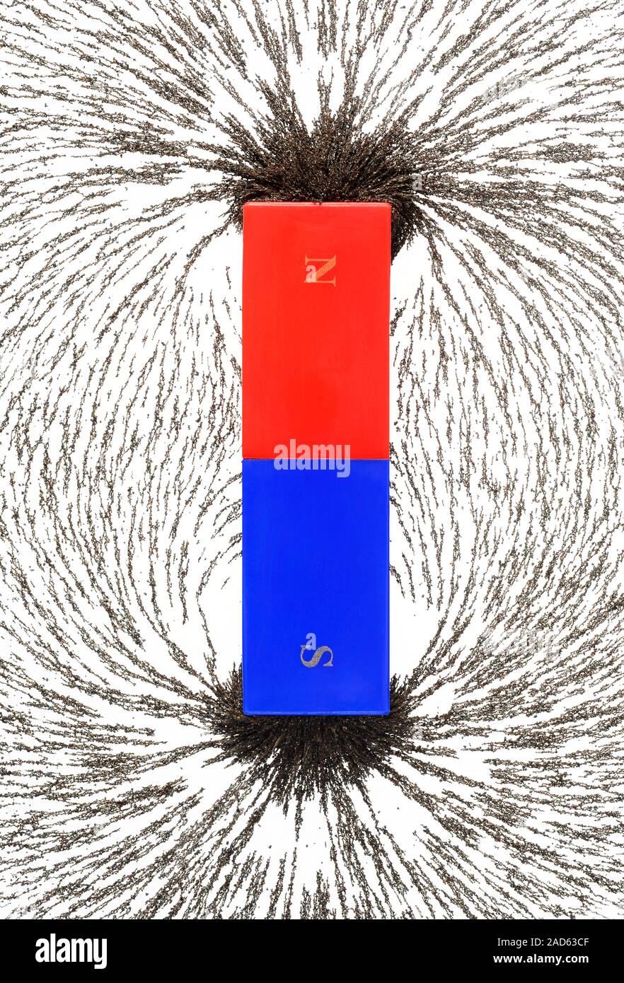 Magnetic field. Bar magnet with iron filings aligned around it. The ...
