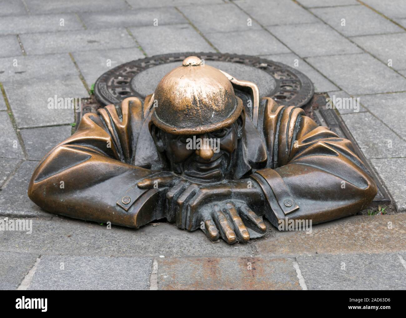 Close-up of one of the most famous statues of Bratislava, called "Cumil ...