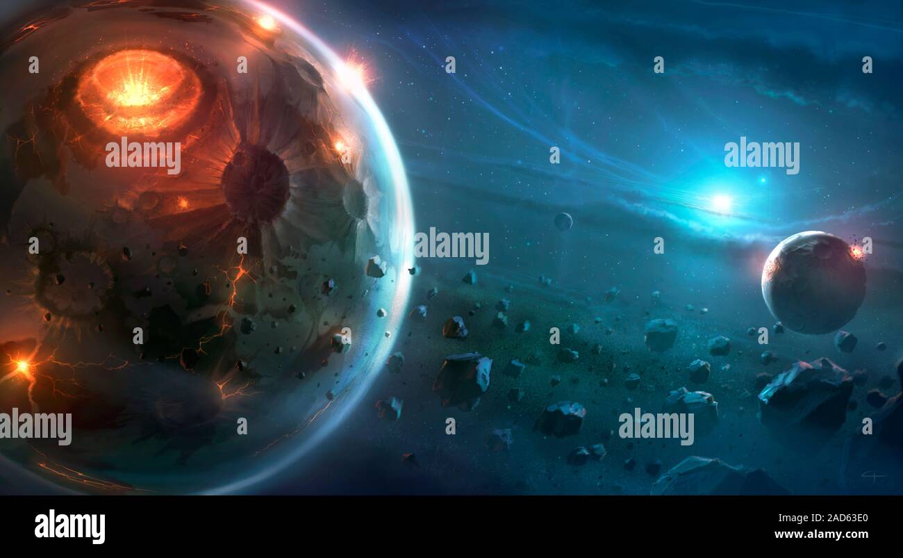 Planetary formation. Illustration of violent impacts forming craters on ...