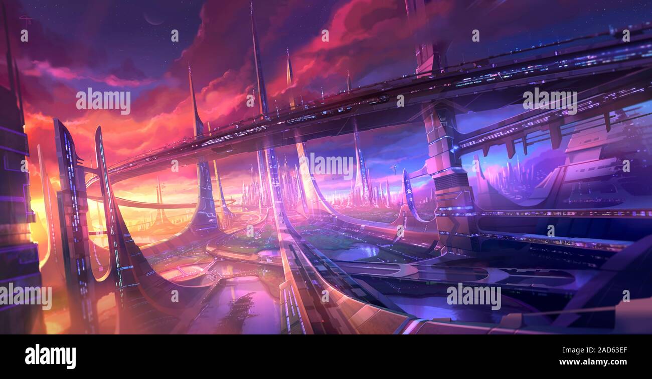 Future advanced civilisation. Illustration of the buildings and ...