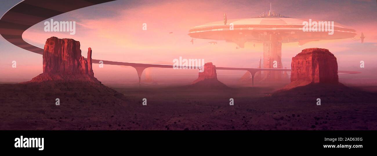 Future advanced civilisation. Illustration of the spaceport and ...