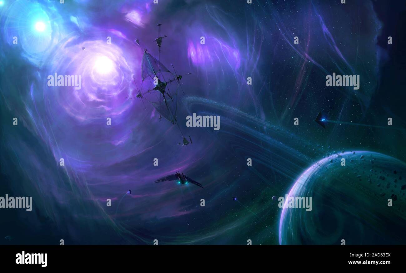 Advanced space-faring civilisation. Illustration of spacecraft arriving ...