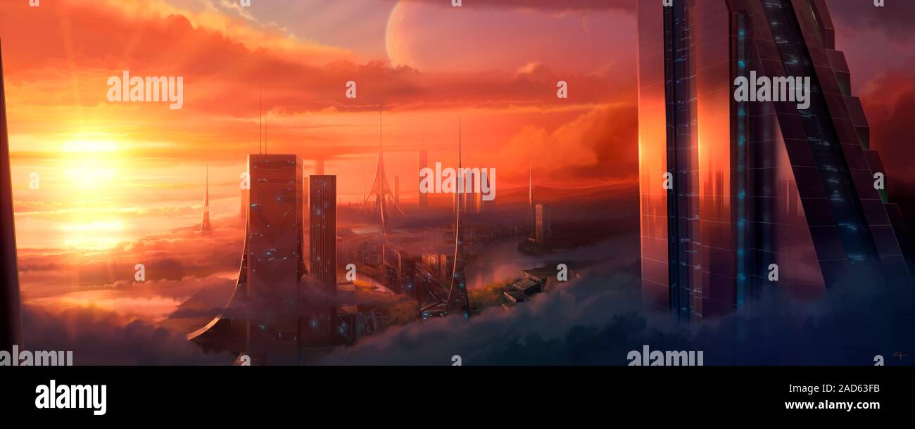 Alien civilisation. Illustration of sunset on a distant world, with the ...