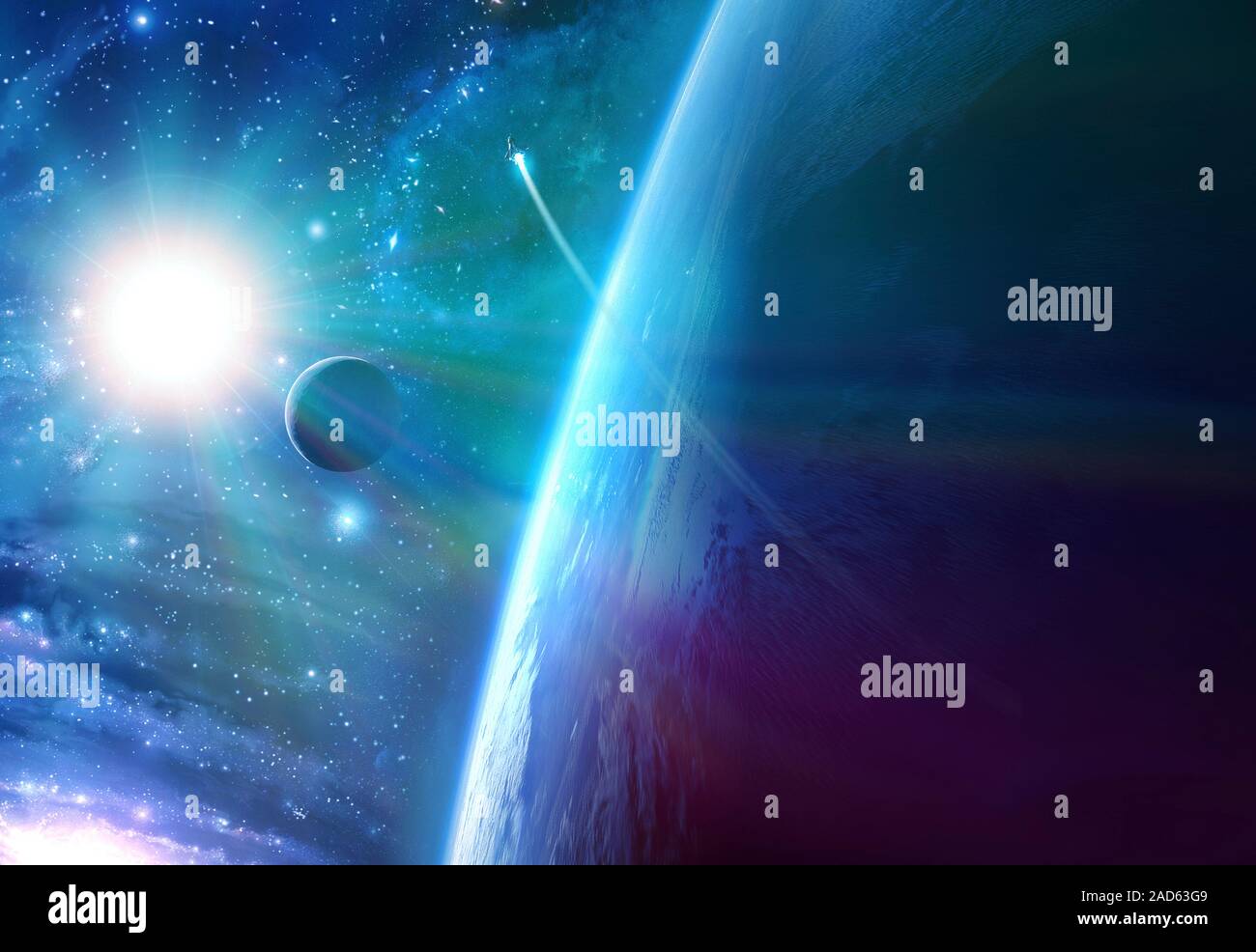 Spacecraft departing alien world. Illustration of a spacecraft breaking ...