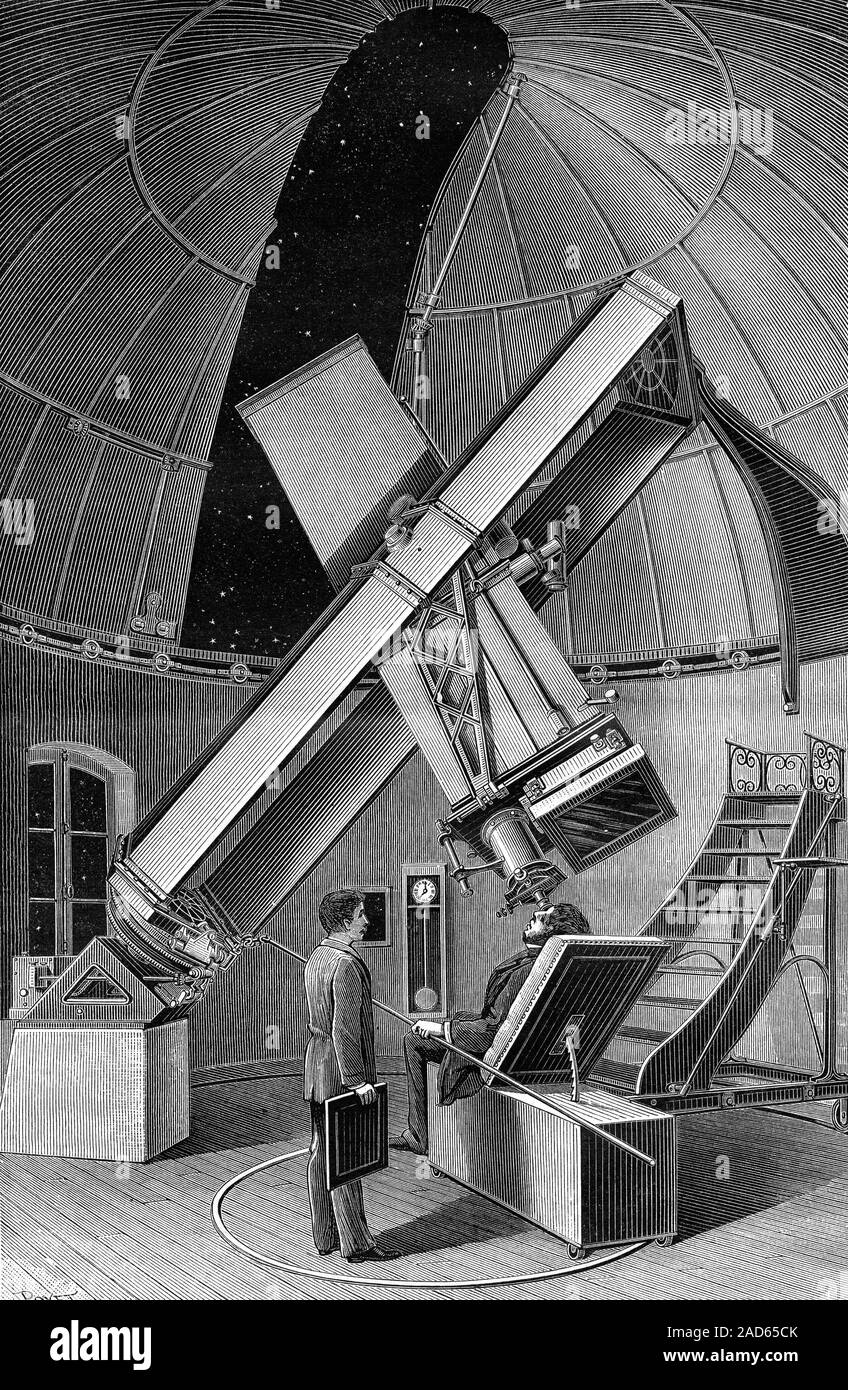19th Century parallactic telescope. 1886 illustration of an astronomer ...