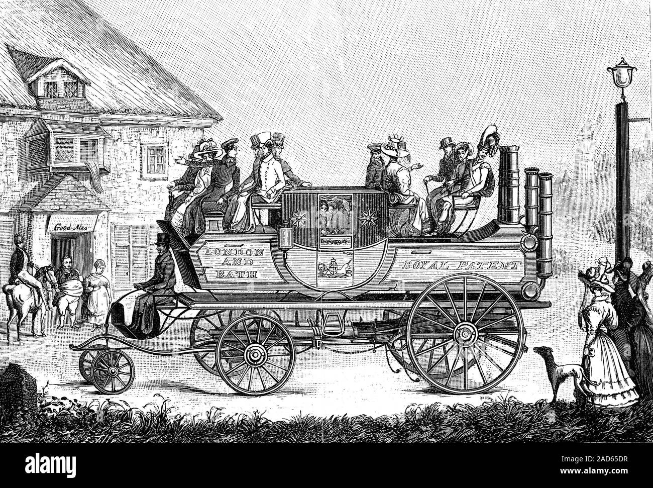 19th Century steam car. 1895 illustration of passengers riding a steam ...