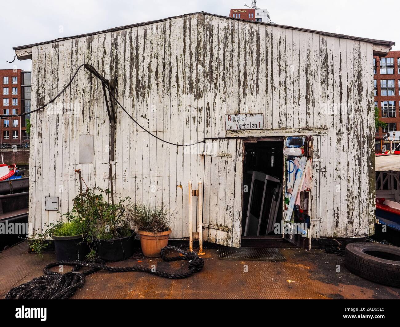 Port shed in Hamburg hdr Stock Photo - Alamy