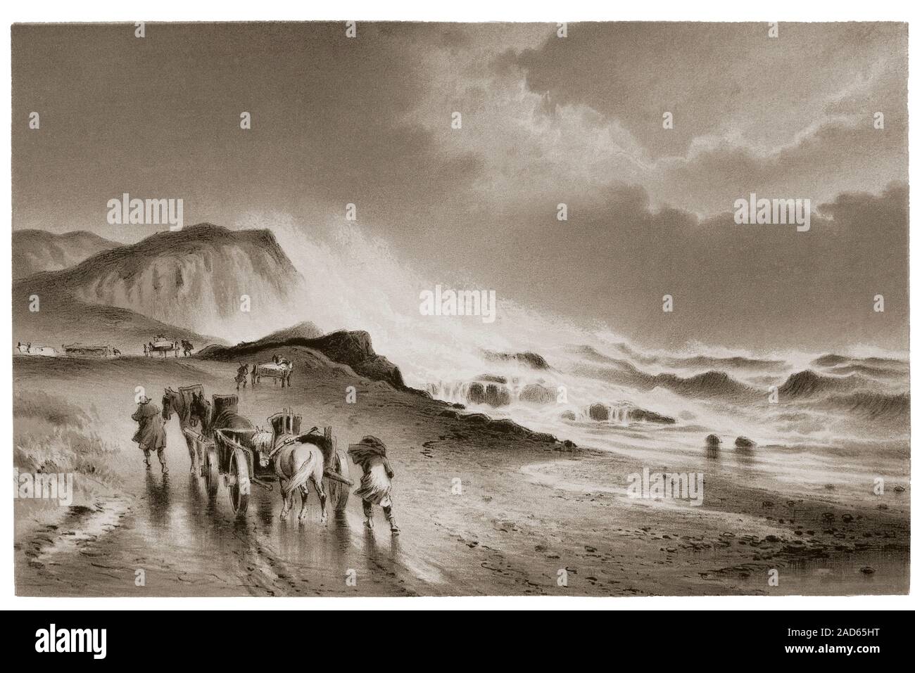 18th century engraving of people beach combing as a stormy sea is ...