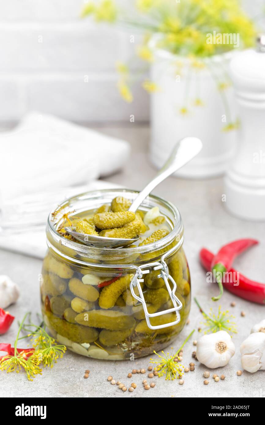 Pickled cucumbers, small marinated pickles, gherkins Stock Photo - Alamy