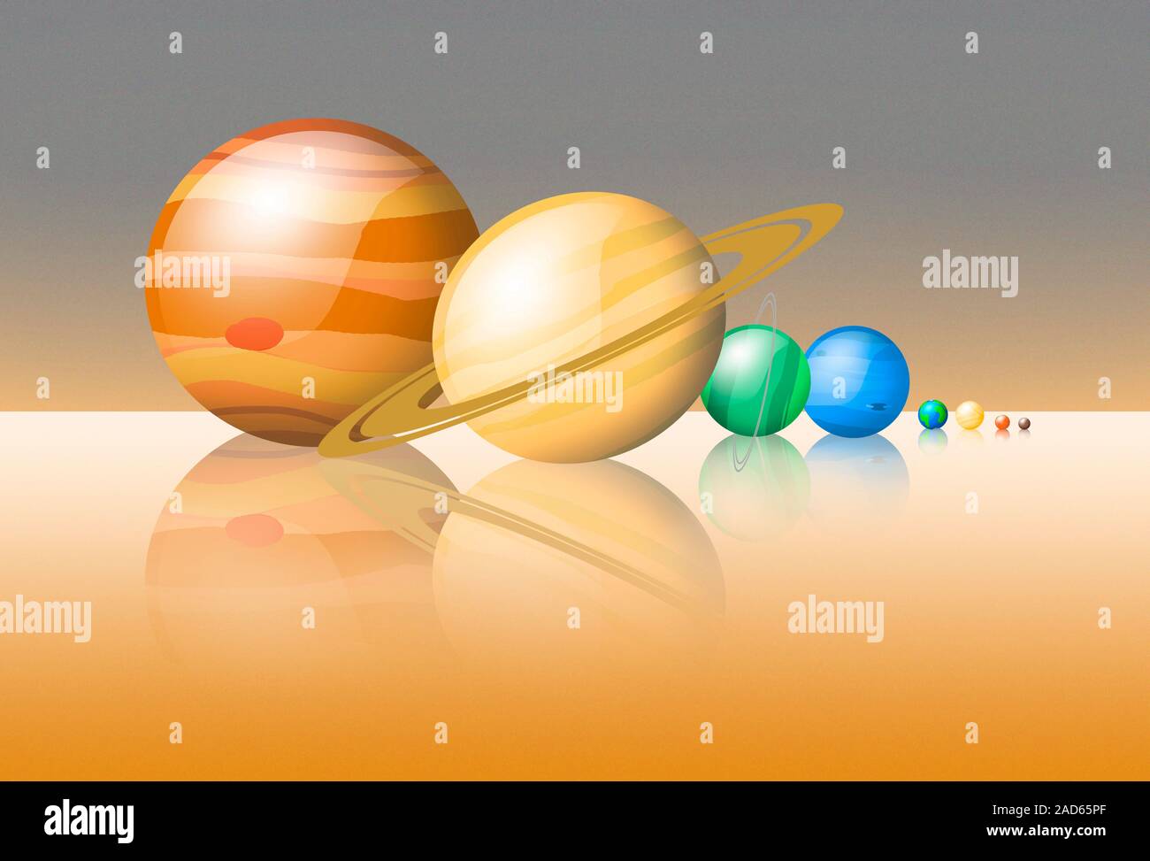 The Sun and planets compared to scale. Stylised illustration comparing ...