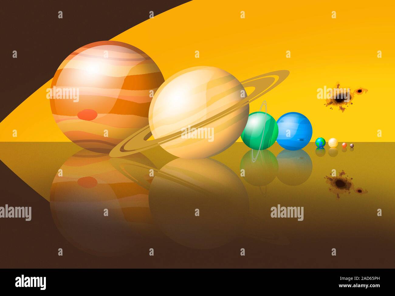 The Sun and planets compared to scale. Stylised illustration comparing ...