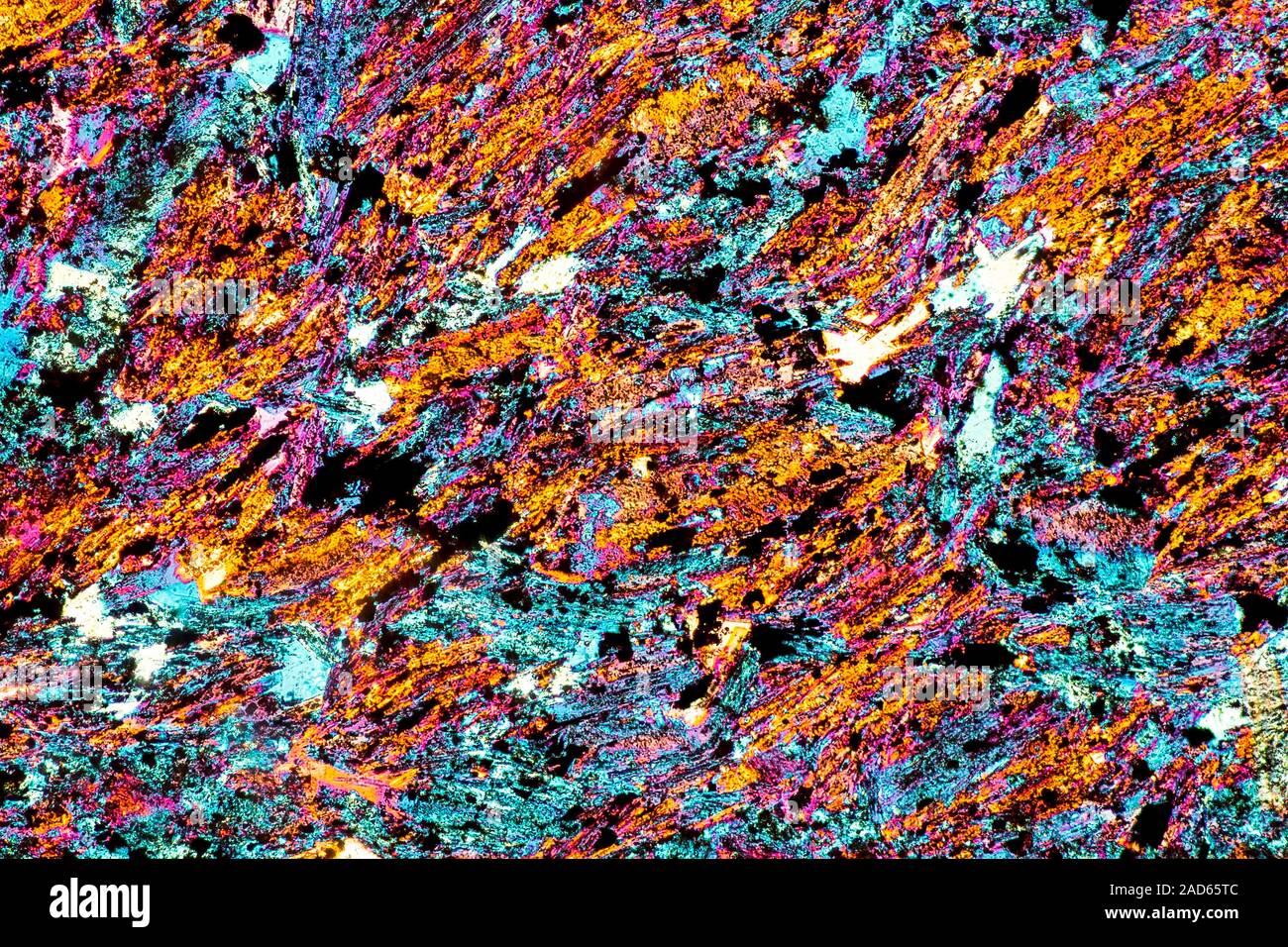 Trachyte. Polarised light micrograph of a thin section of trachyte, an ...