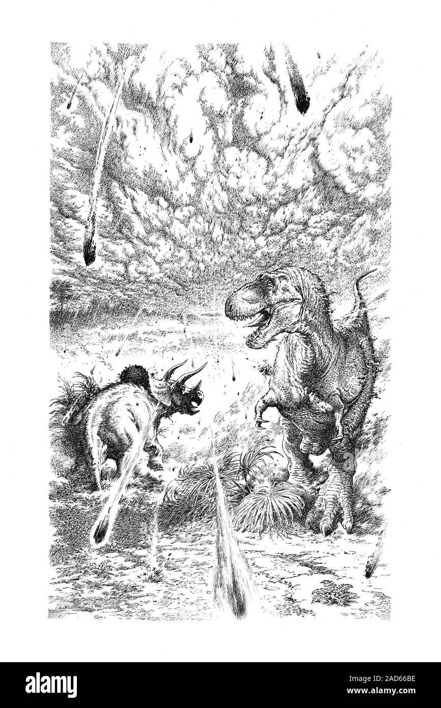 Dinosaur extinction. Illustration depicting the mass extinction that included the end of the ...