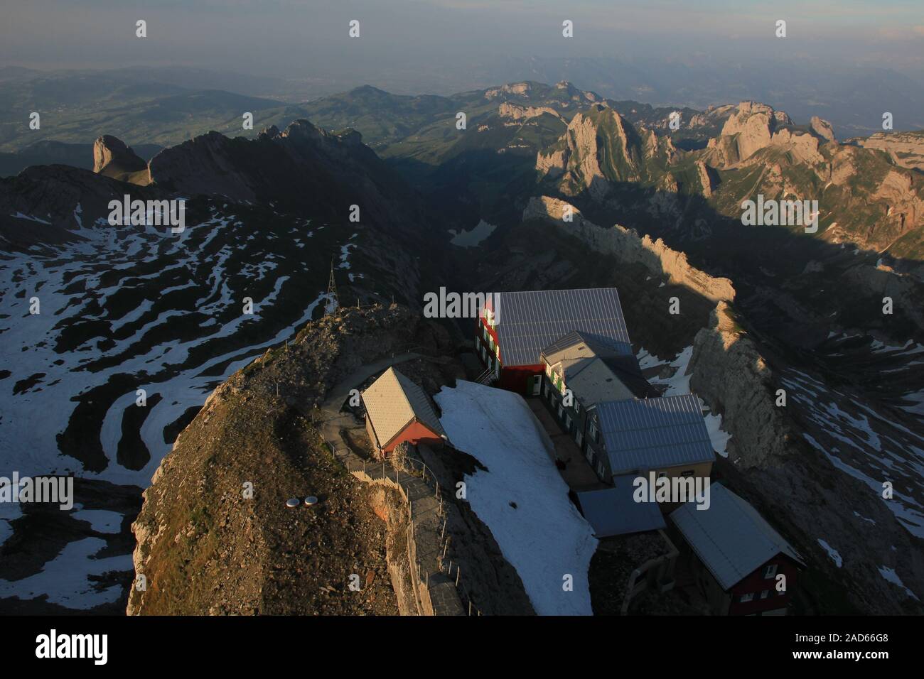 Evening scene on Mount Santis. View towards lake Seealpsee and ...