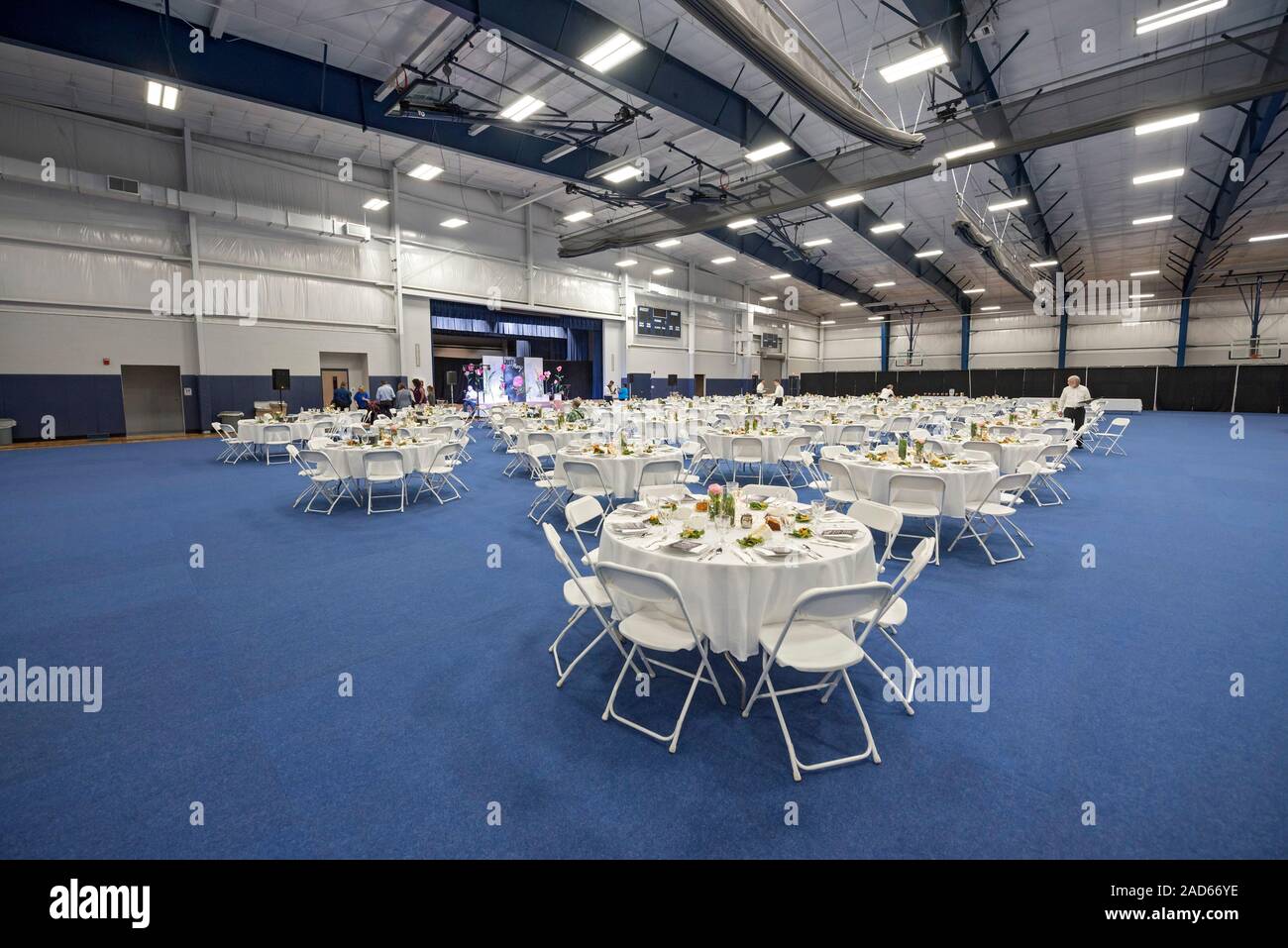 Large dual-purpose Banquet hall facility being set up for a banquet ...