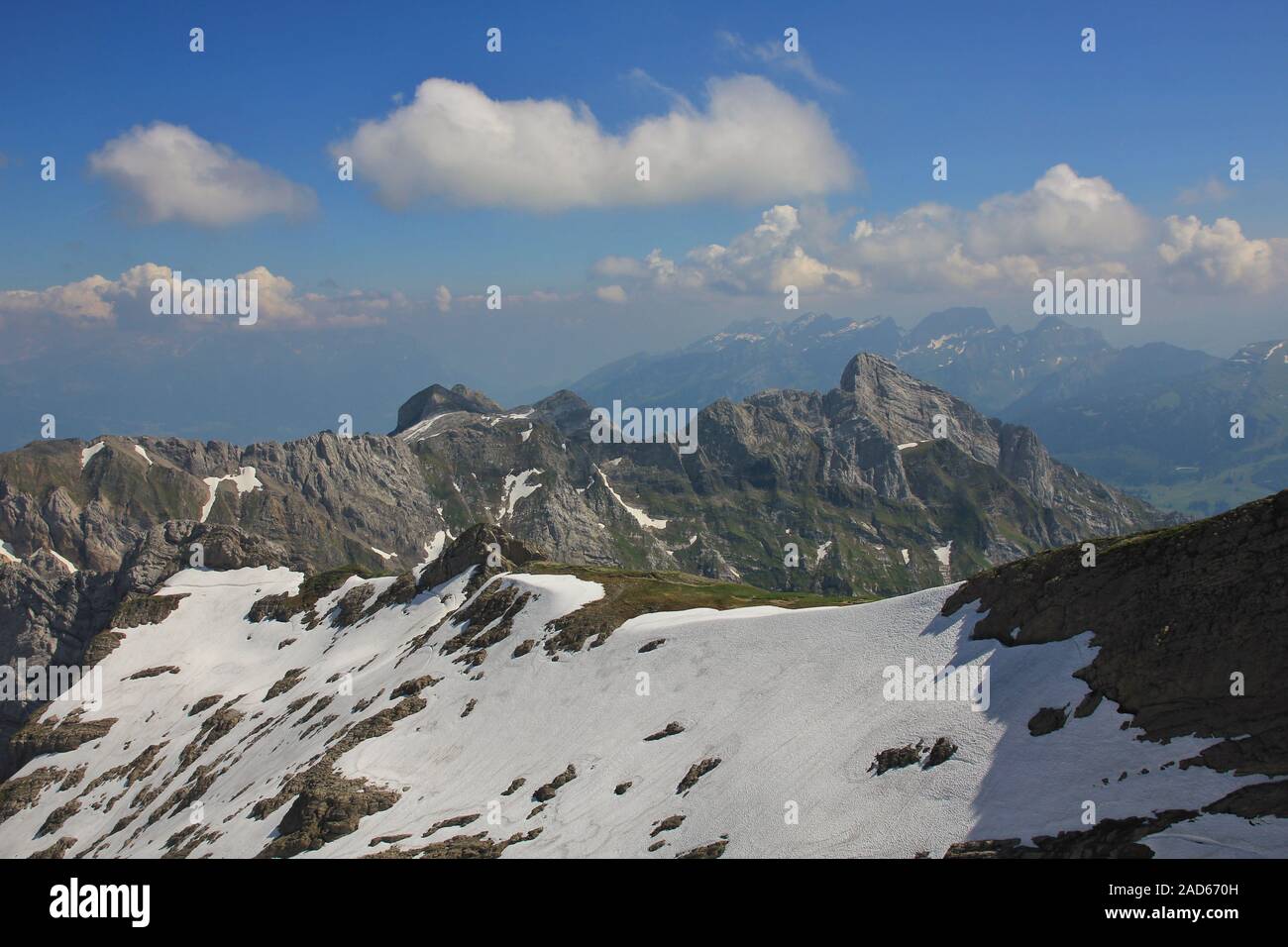 Mountains of the Alpstein Range in summer. View from Mount Santis ...