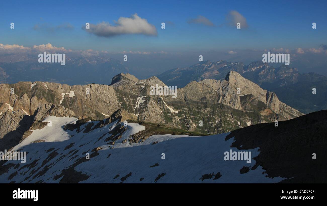 Mountains of the Alpstein Range in summer. View from Mount Santis ...