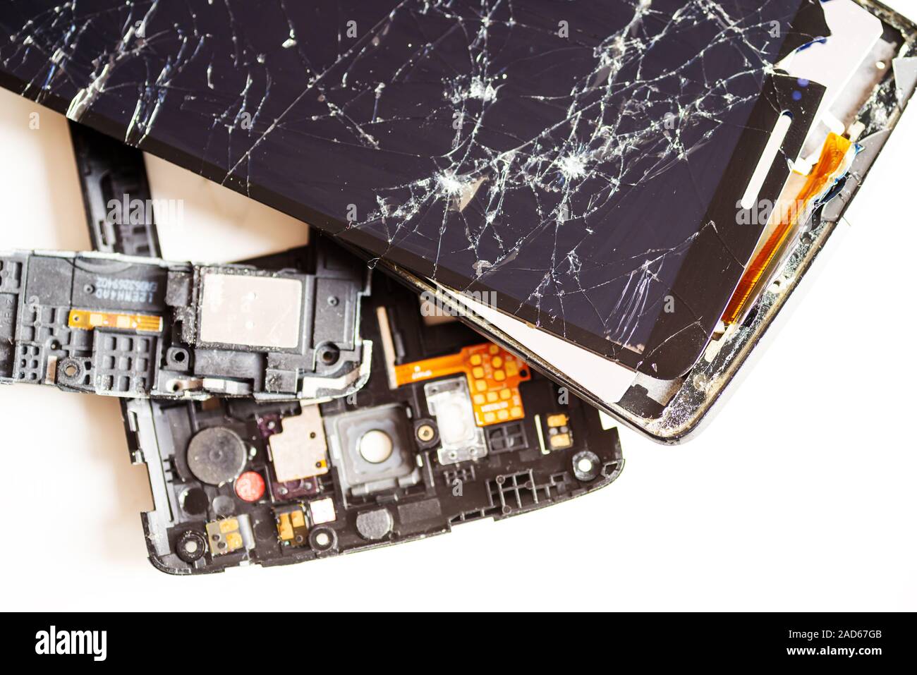 Broken phone that cannot be repaired isolated on white background Stock ...