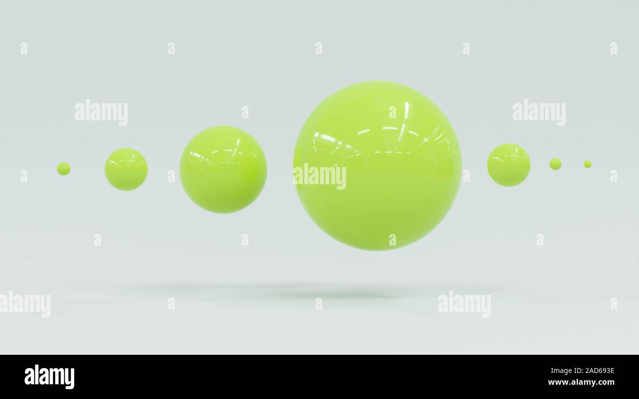 Abstract lemon green spheres with glossy surface, on white matte ...