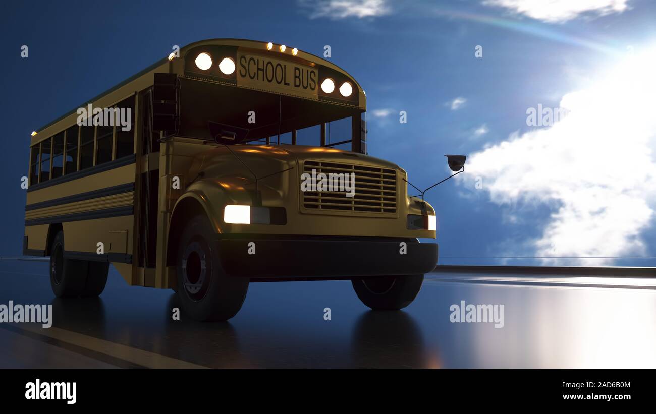 School bus driving on the road. Blue sky background. Transport and ...