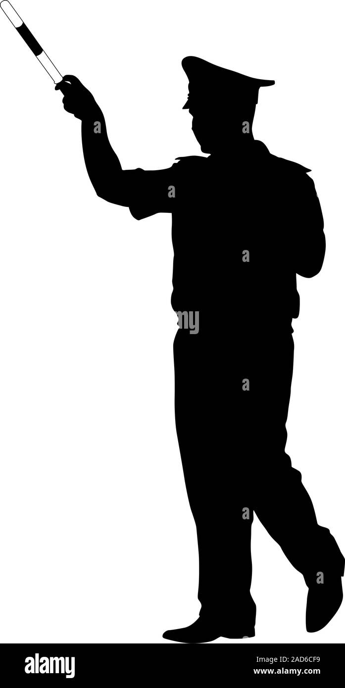 Black silhouettes of Police officer with a rod on white background ...