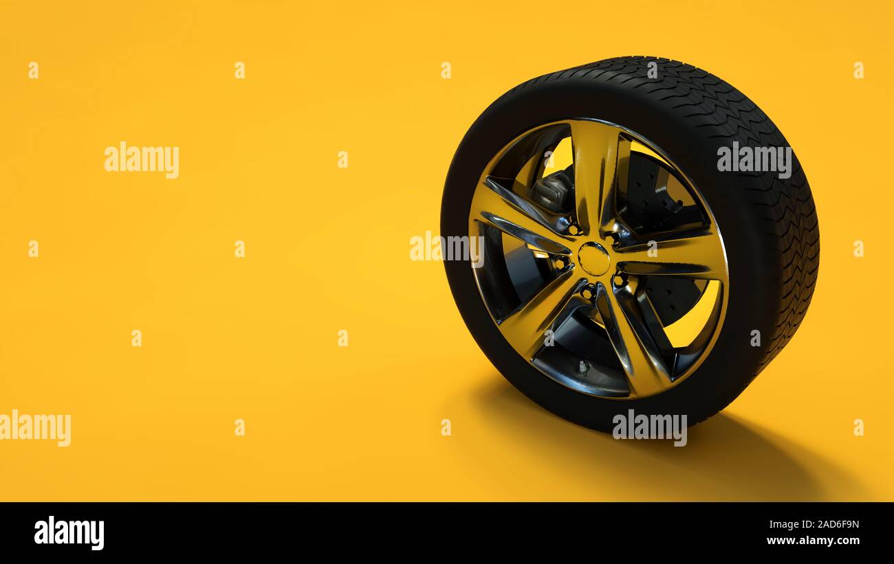 Car wheel isolated on yellow background. Tyre. Poster booklet cover ...