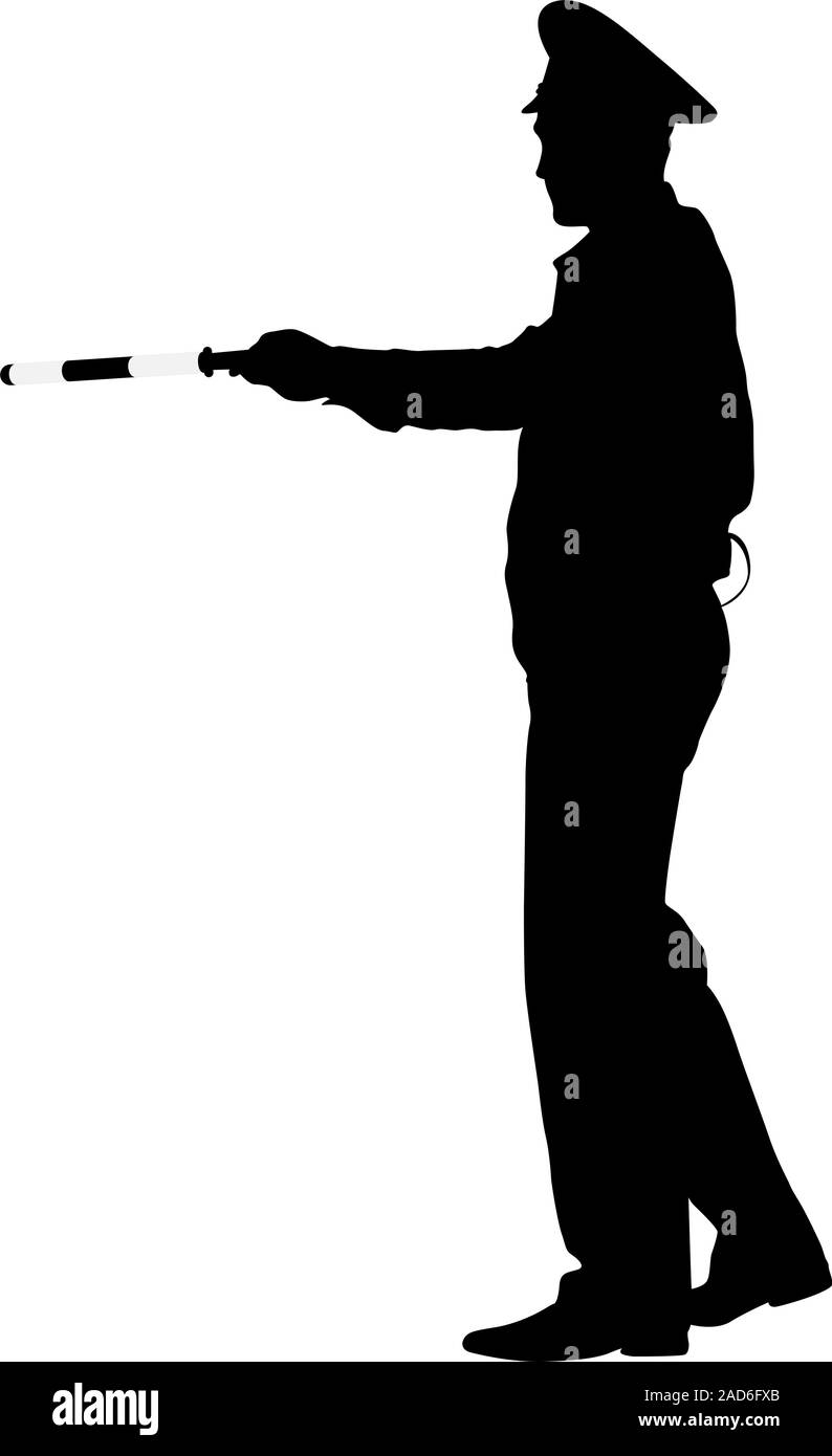 Black silhouettes Police officer with a rod on white background. Vector ...