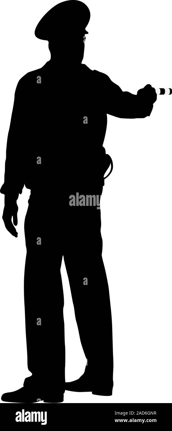 Black silhouettes Police officer with a rod on white background. Vector ...