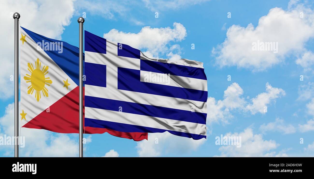 Philippines and Greece flag waving in the wind against white cloudy ...