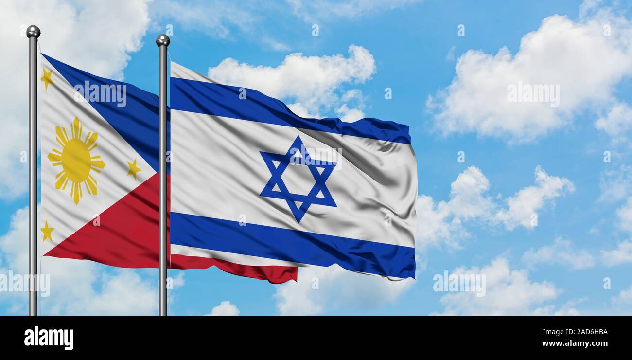 Philippines and Israel flag waving in the wind against white cloudy ...