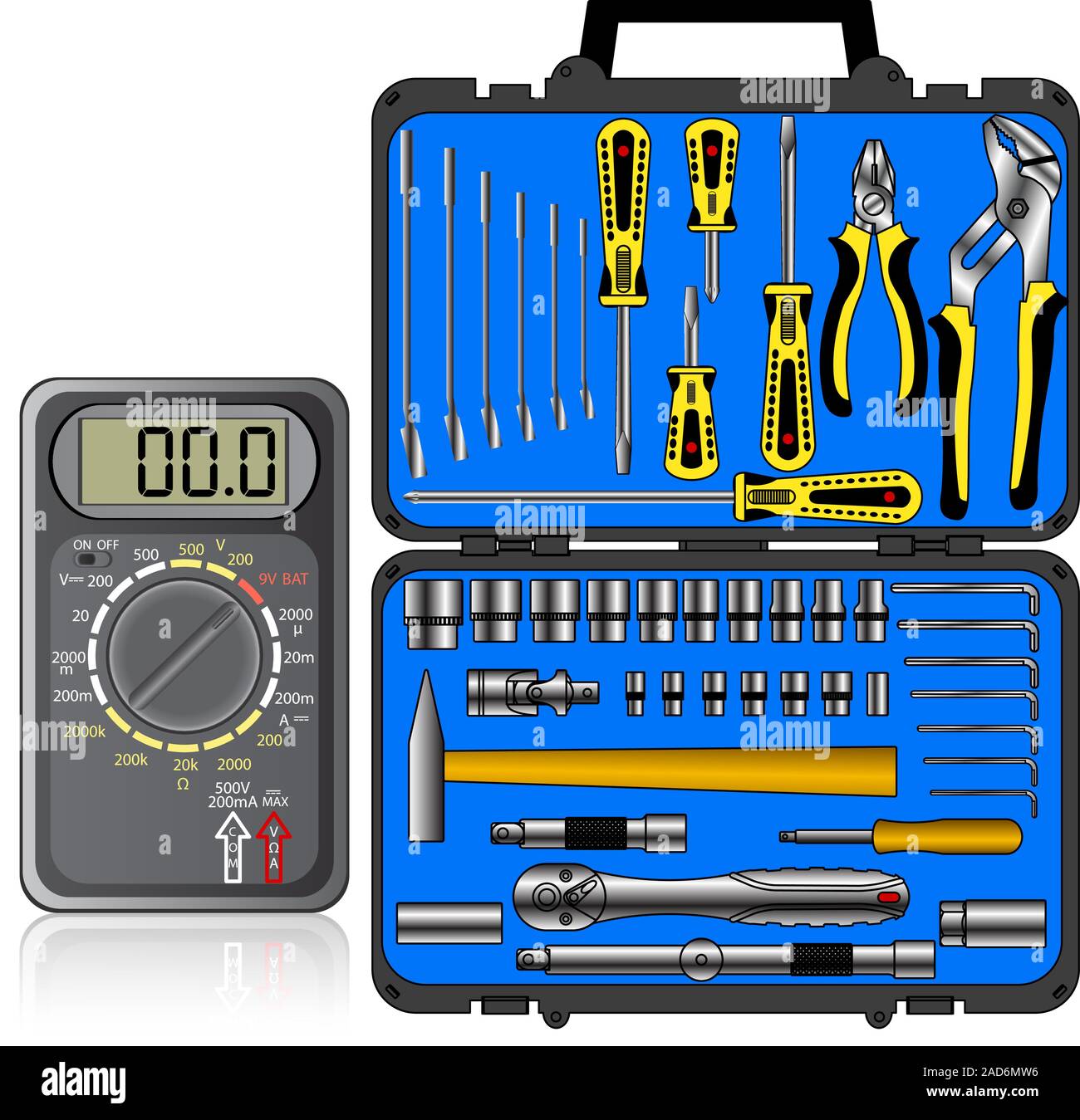 Multimeter of black color and set of different tools in a box vector ...