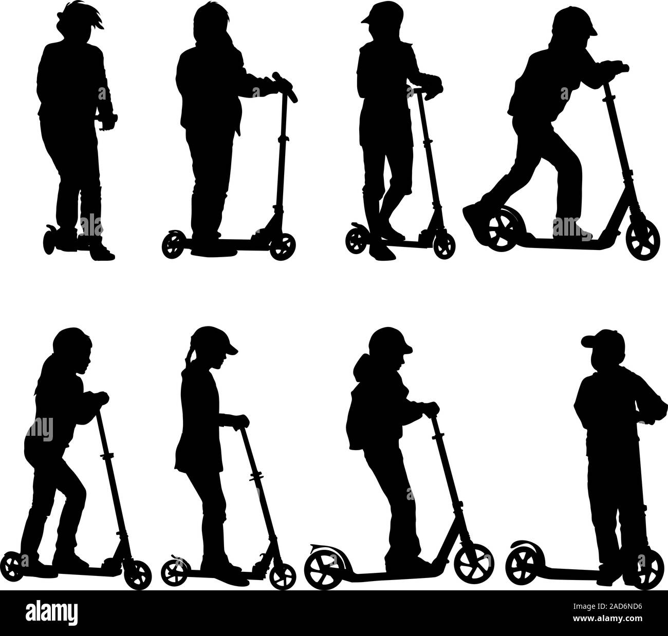 Set of silhouettes of children riding on scooters. Vector illustration ...