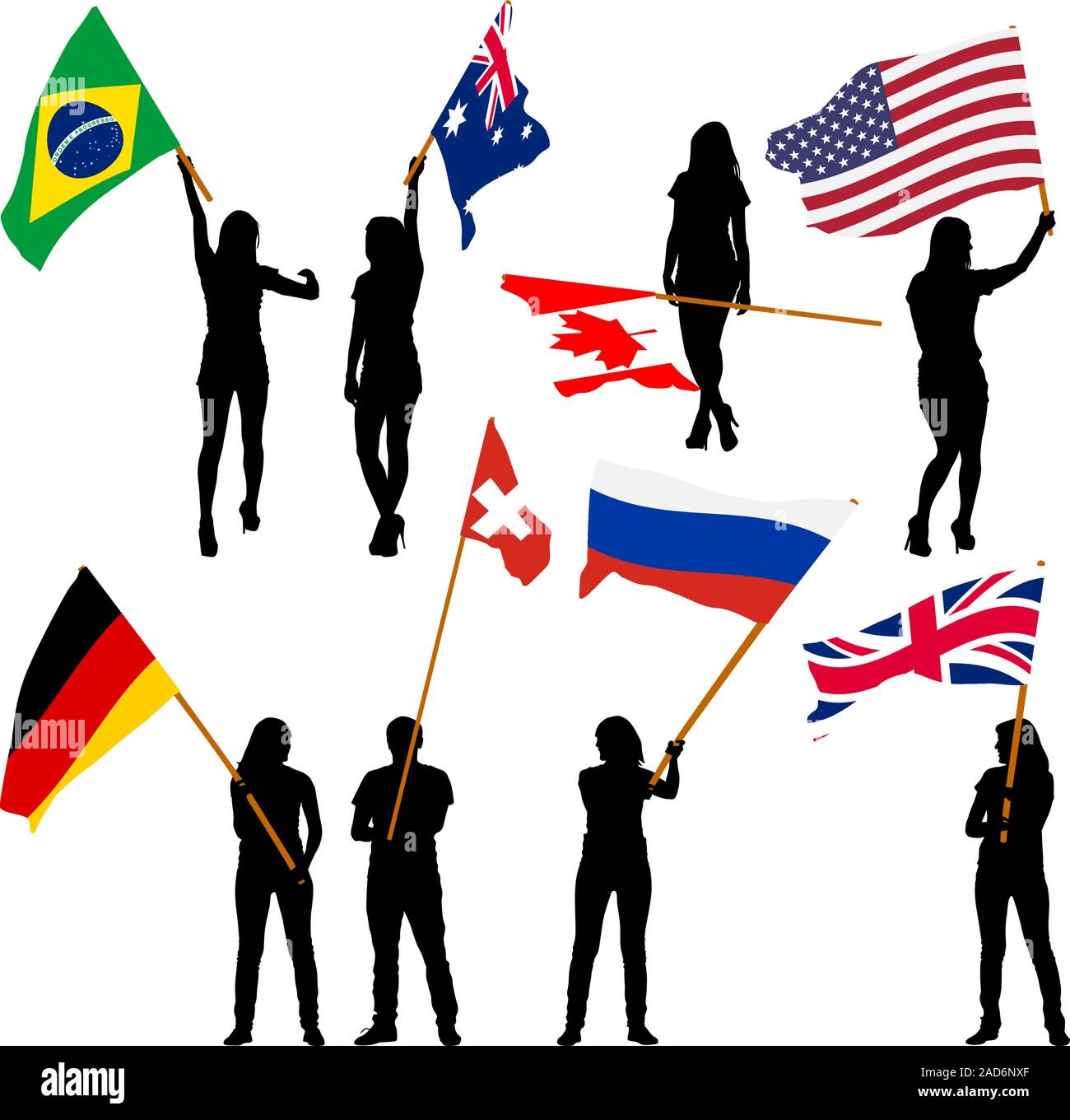Black silhouettes of mans and womans with flags on white background ...