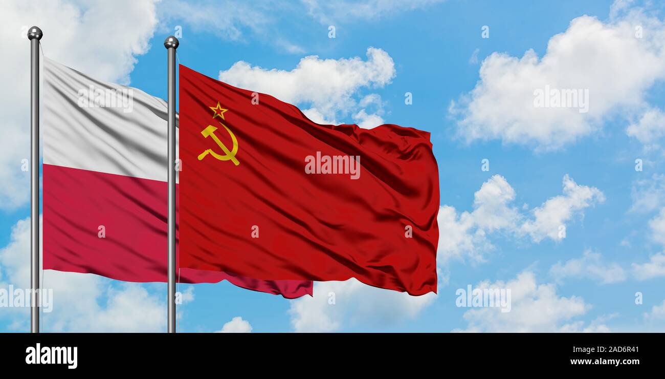 Poland and Soviet Union flag waving in the wind against white cloudy ...