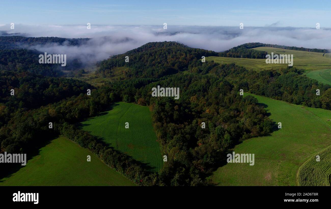 Aerial view of early morning fog with low clouds over rolling ...