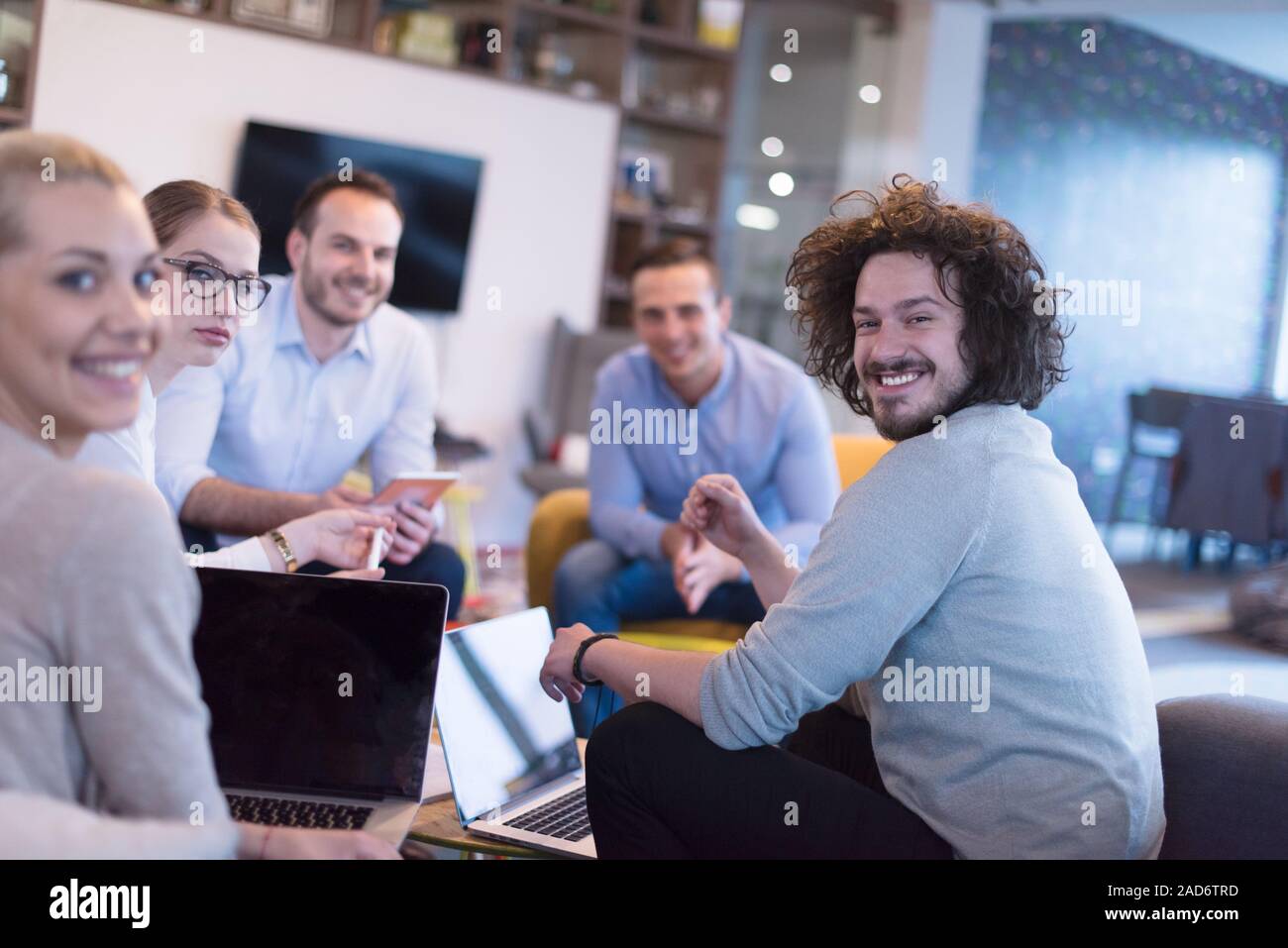 Startup Business Team At A Meeting at modern office building Stock ...