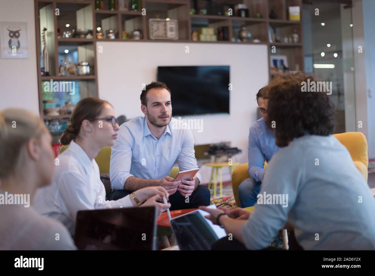 Startup Business Team At A Meeting at modern office building Stock ...