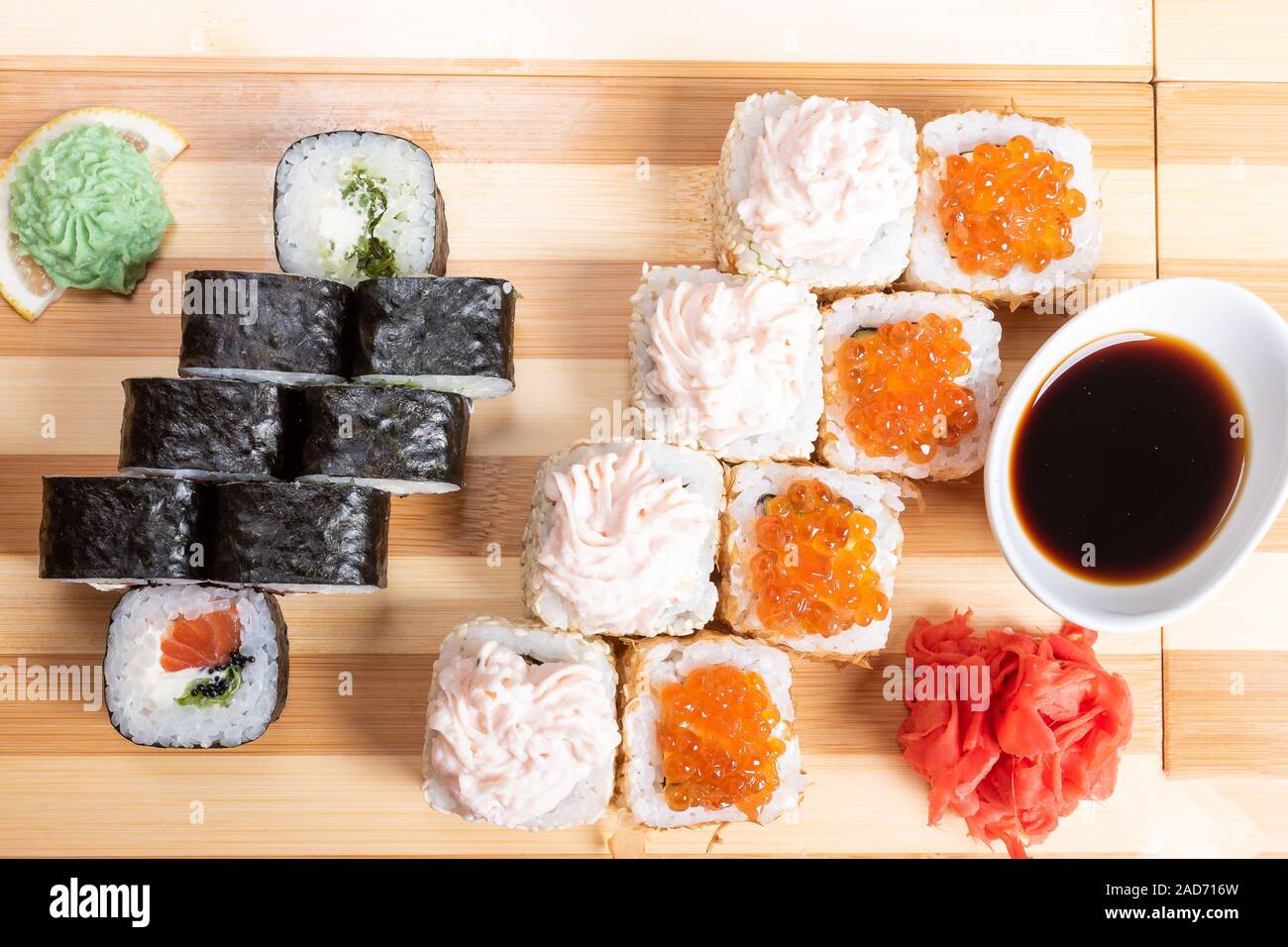 Sushi set rolls with caviar, krill, and other fillings Stock Photo - Alamy