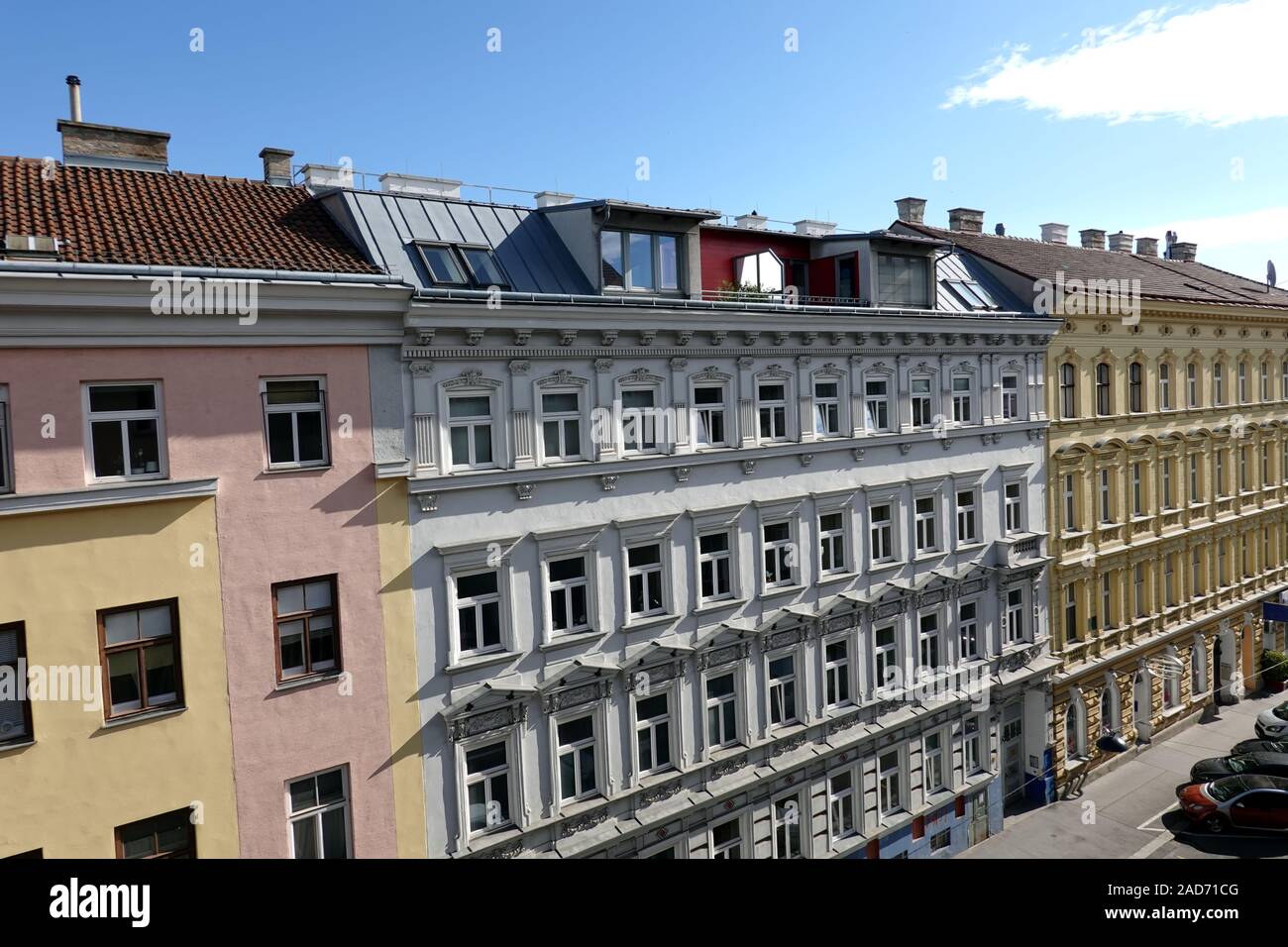Side view from opened window to the opposite house on bright sunny day ...