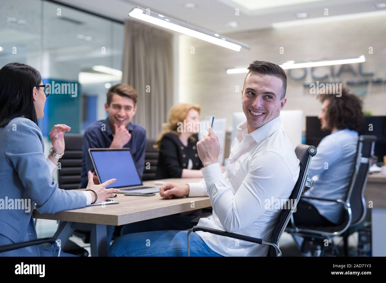 Startup Business Team At A Meeting at modern office building Stock ...