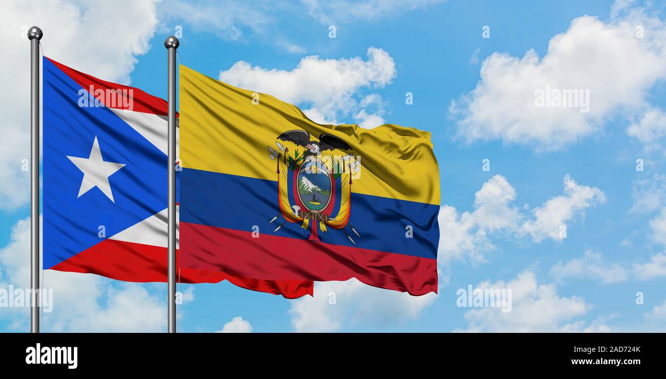 Puerto Rico and Ecuador flag waving in the wind against white cloudy ...